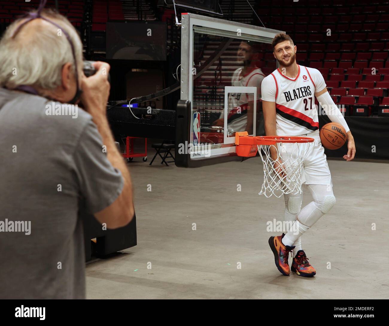Portland Trail Blazer's Jusuf Nurkic poses for photos during the NBA ...