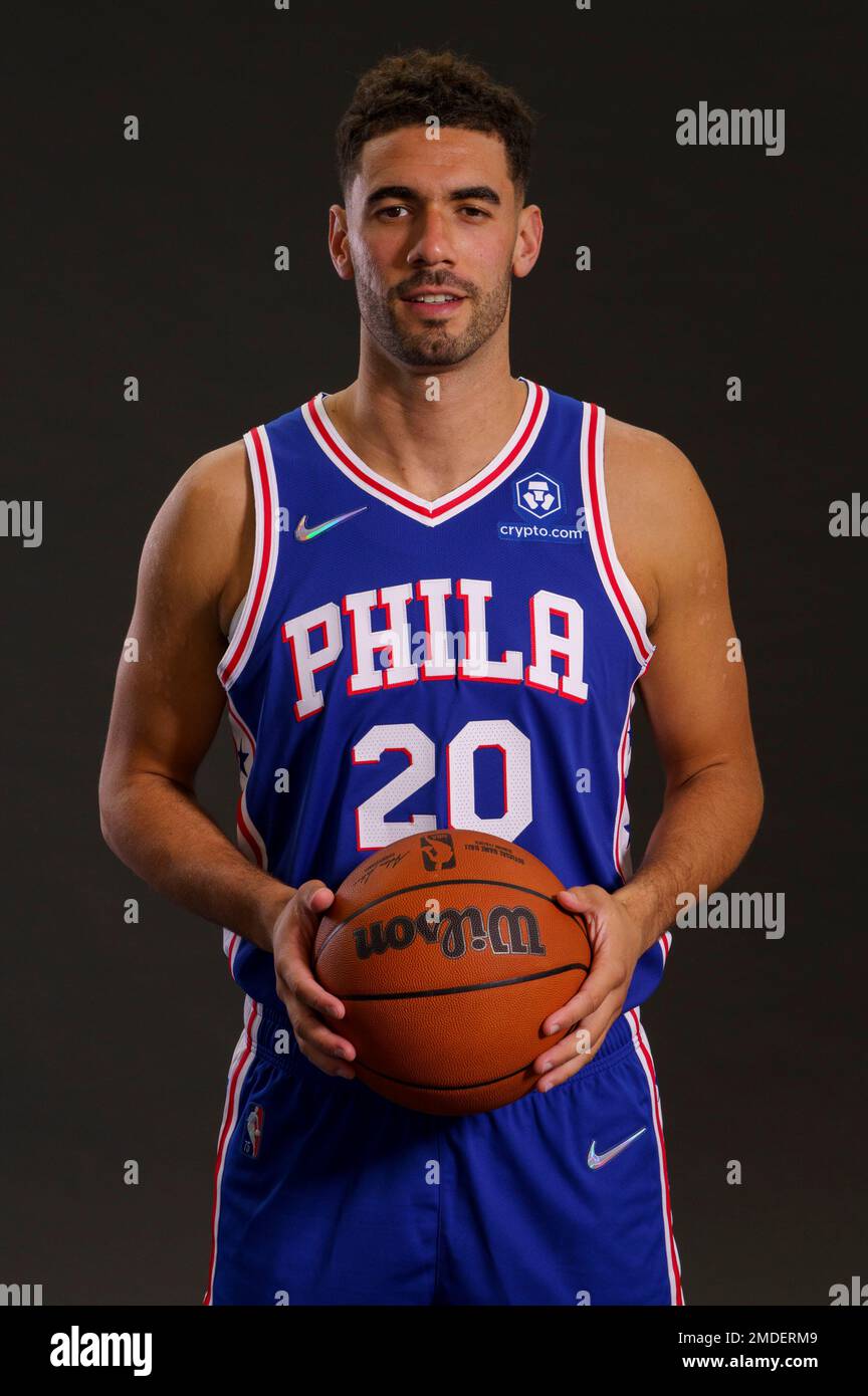 Philadelphia 76ers forward Georges Niang poses for photos during the ...