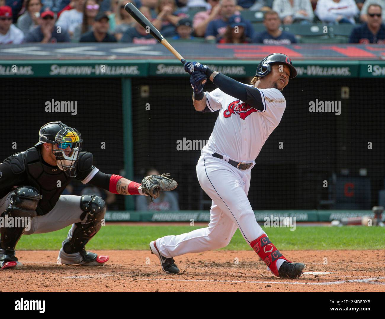 Cleveland Indians' Jose Ramirez swings during a baseball game against ...