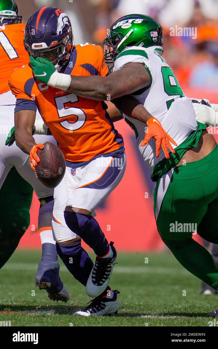 Denver Broncos quarterback Teddy Bridgewater (5) is tackled by New York ...