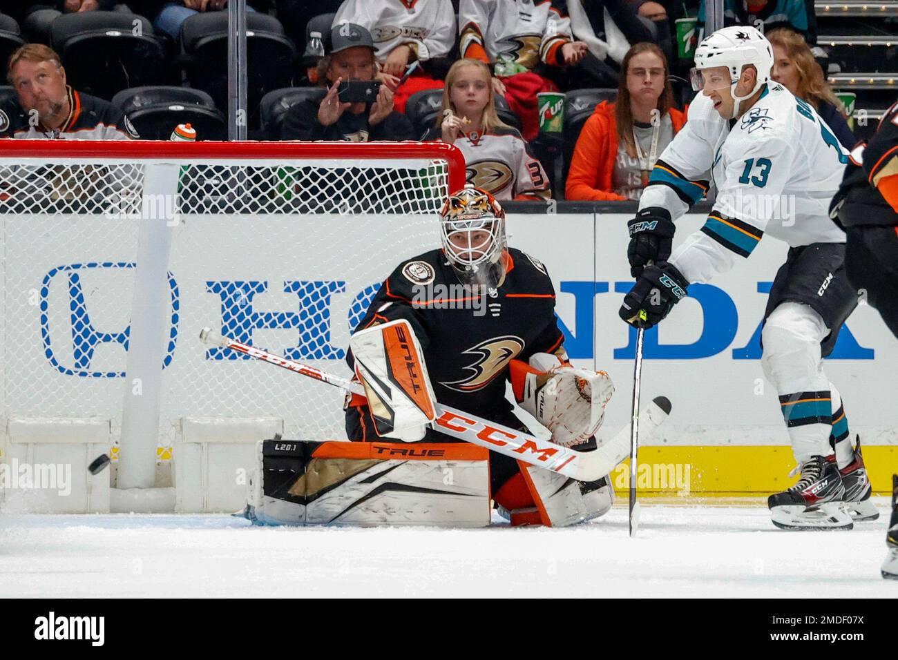 Anaheim Ducks goalie Olle Eriksson Ek (78) defends as San Jose Sharks ...