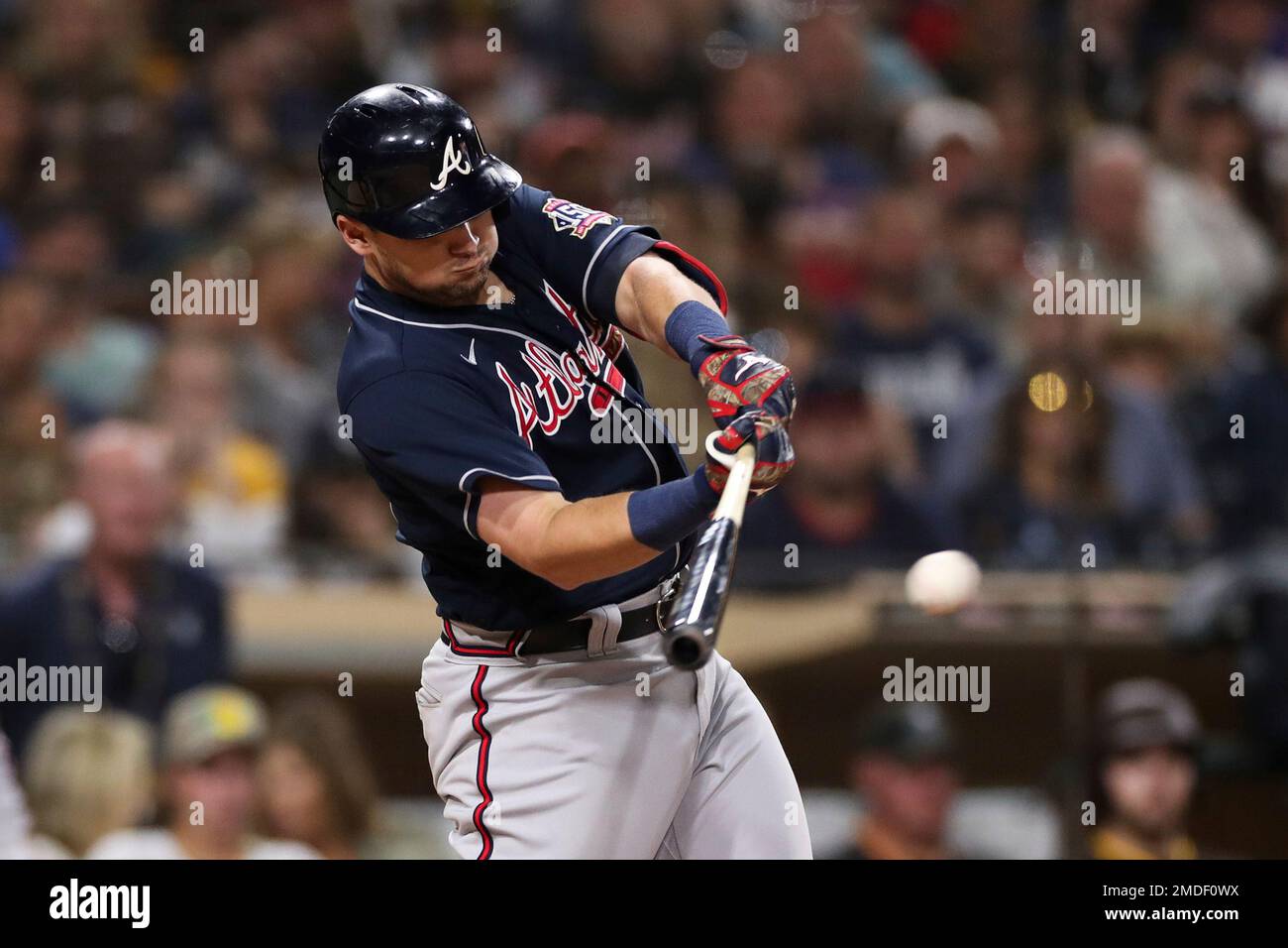Atlanta Braves' Austin Riley swings at a pitch in a baseball game ...