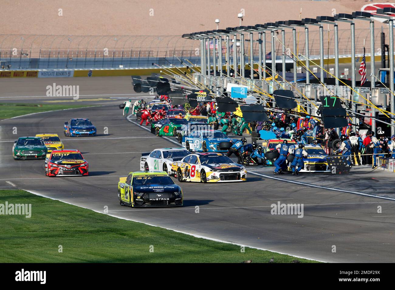 Drivers head into pit row during a NASCAR Cup Series auto race at Las ...