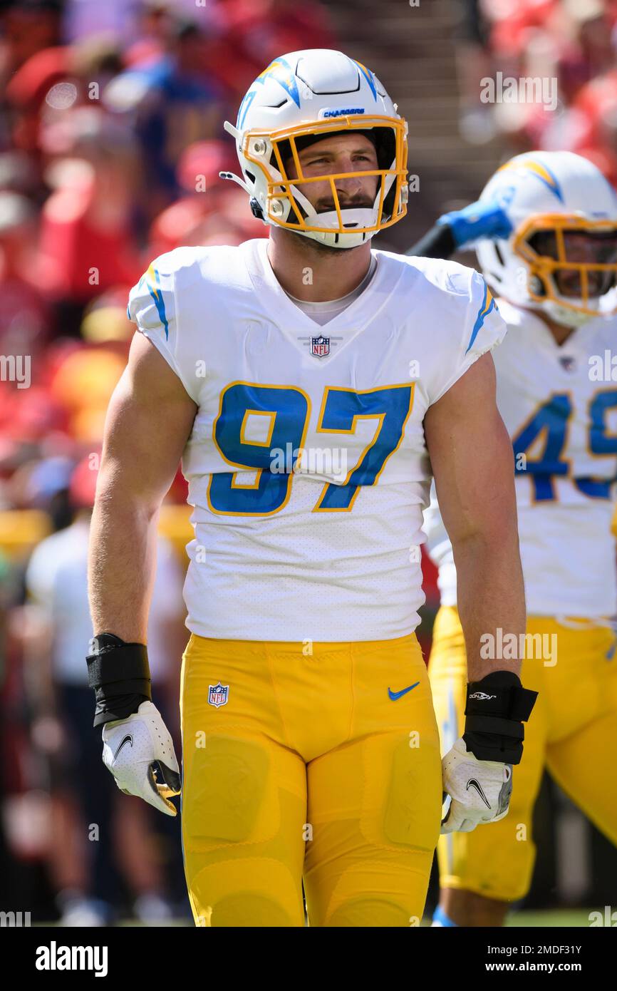 Los Angeles Chargers defensive end Joey Bosa after pressuring Kansas ...