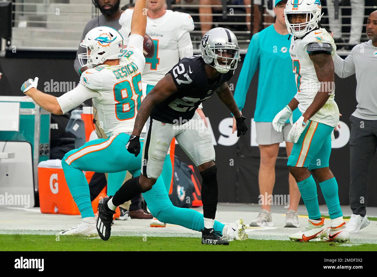 Las Vegas Raiders cornerback Trayvon Mullen (27) reacts after stopping a catch by Miami Dolphins ...