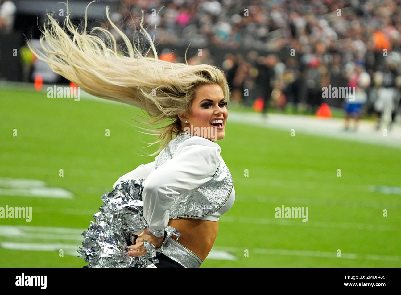 Las Vegas Raiderettes cheerleaders perform during the first half of an ...