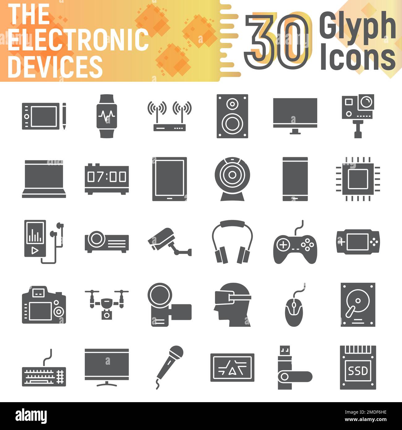 Electronic devices glyph icon set, media symbols collection, vector sketches, logo illustrations ...