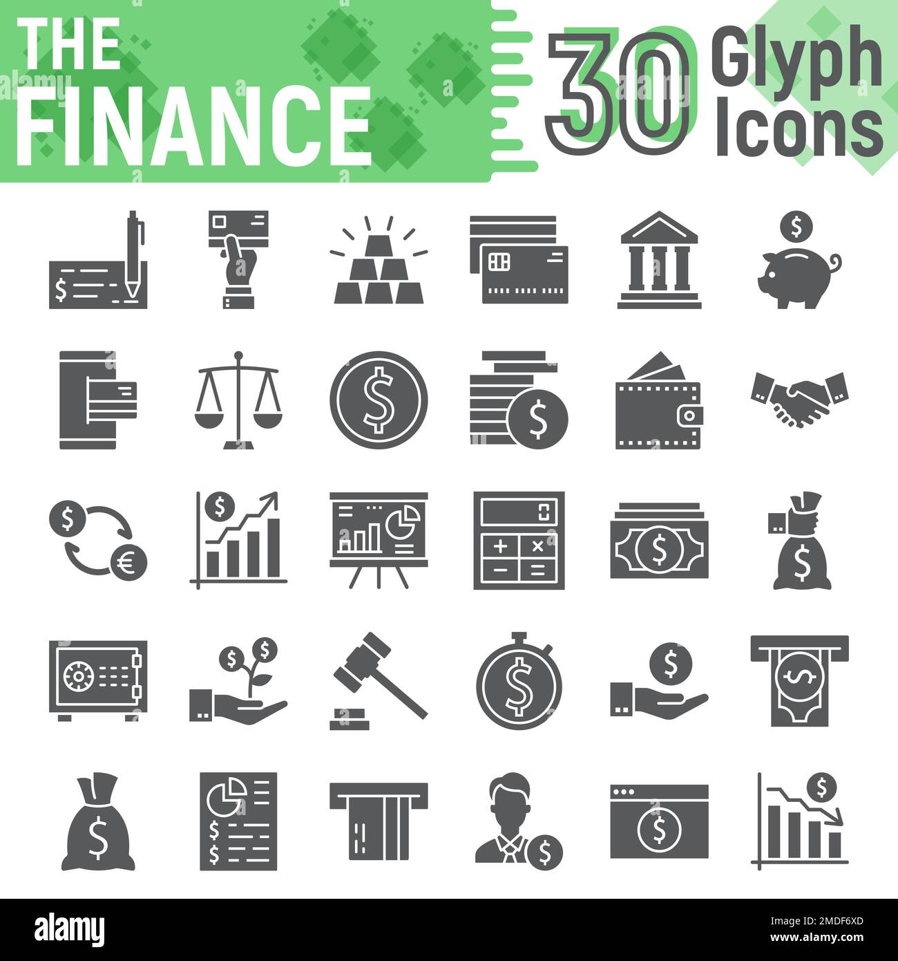 Finance glyph icon set, banking symbols collection, vector sketches, logo illustrations, money ...