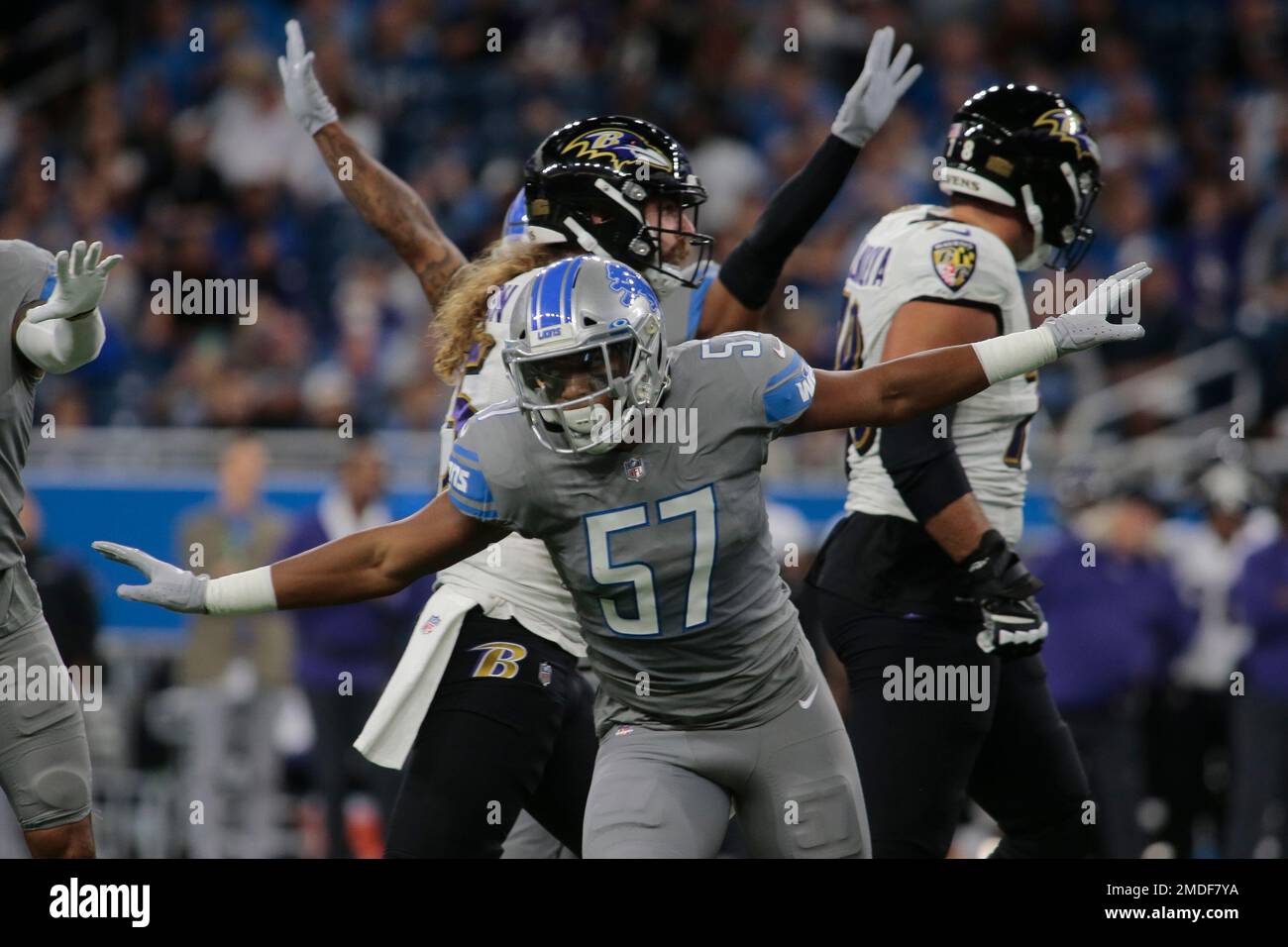 Detroit Lions linebacker Anthony Pittman (57) reacts to Baltimore ...