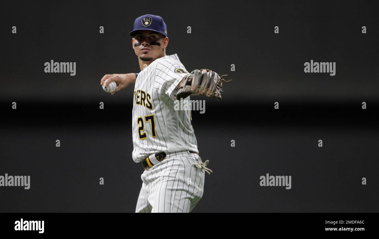 Milwaukee Brewers' Willy Adames warms up before a baseball game against ...