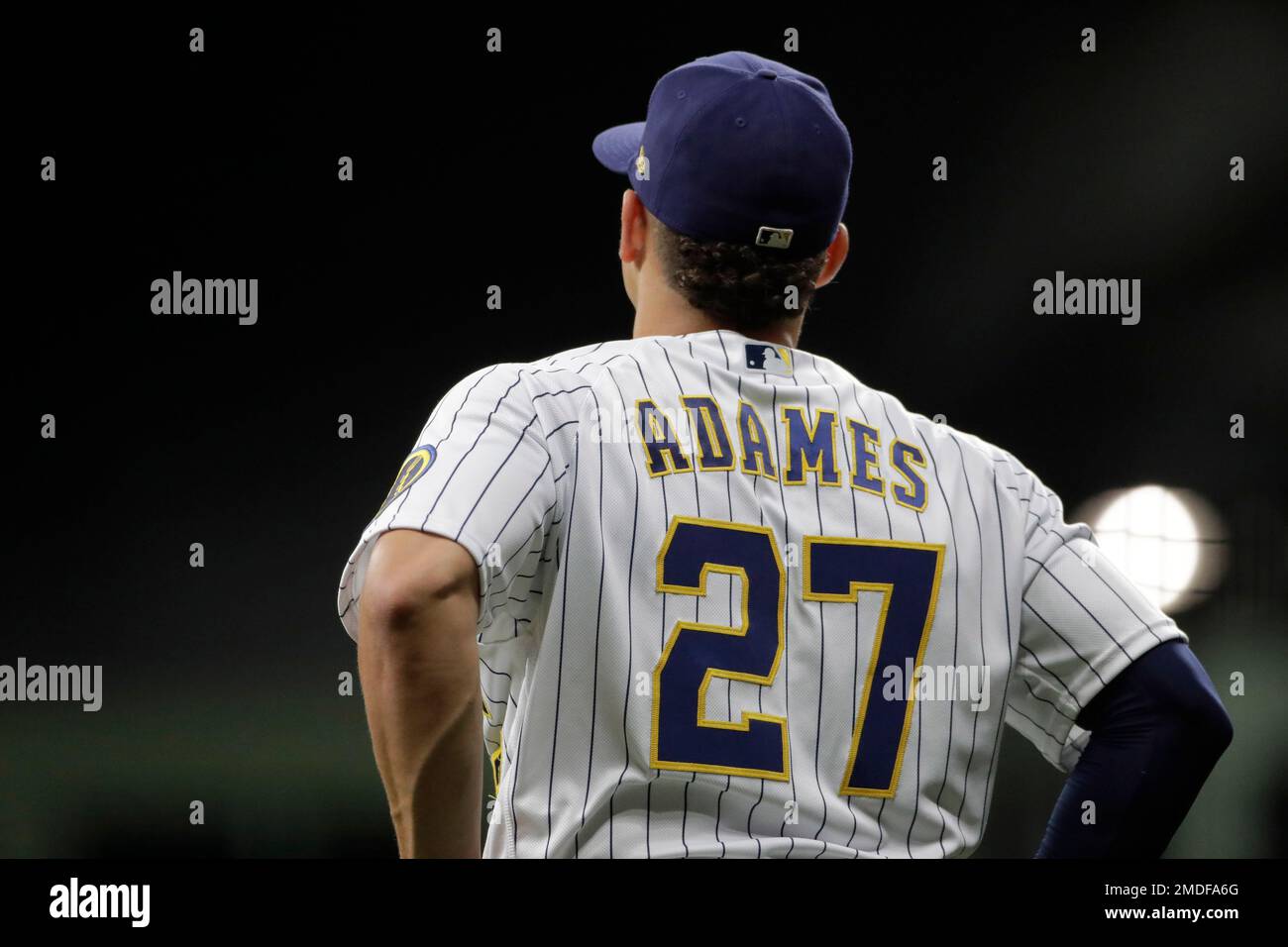 Milwaukee Brewers' Willy Adames warms up before a baseball game against ...