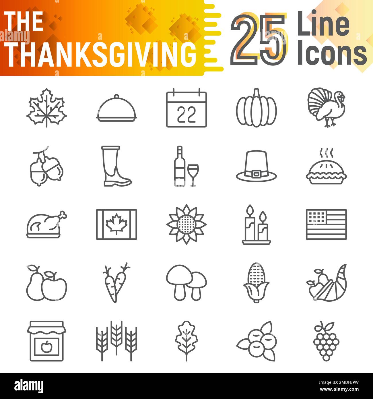 Thanksgiving line icon set, holiday symbols collection, vector sketches ...