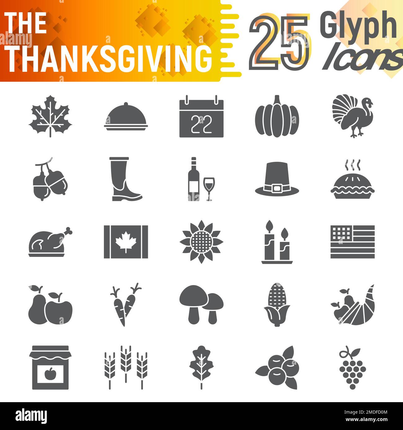 Thanksgiving glyph icon set, holiday symbols collection, vector ...