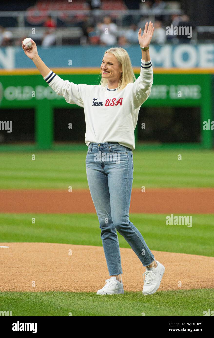 Olympic Gold Medalist Katie Nageotte waves to the crowd before throwing ...