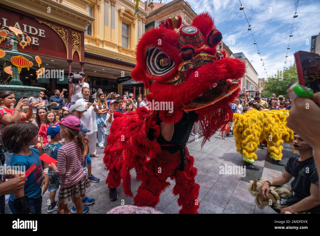 Adelaide, Australia. 23 January 2023 Lion dancers perform in front of ...