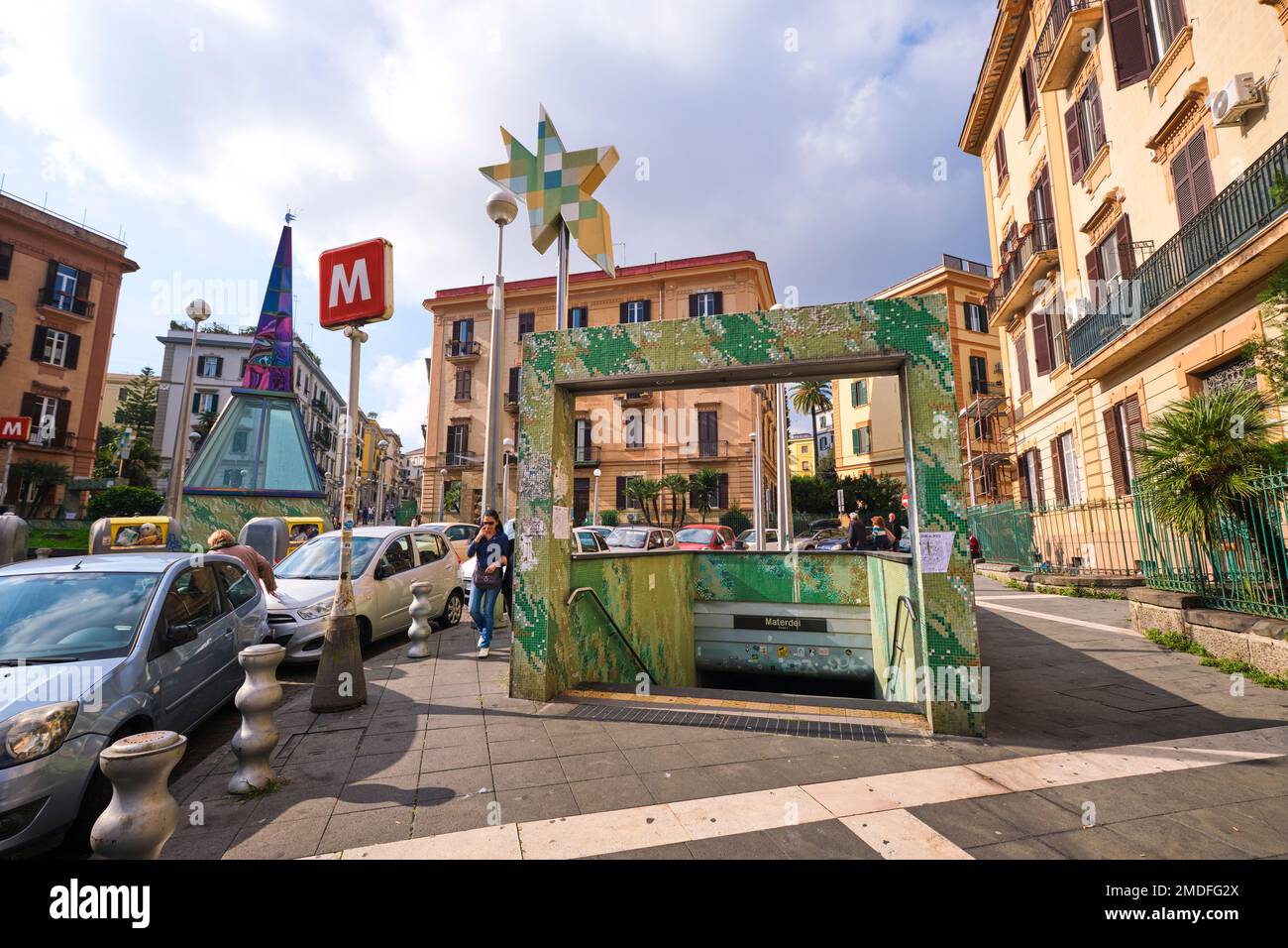The green tile entrance to the metro, subway stop, Materdei. With ...