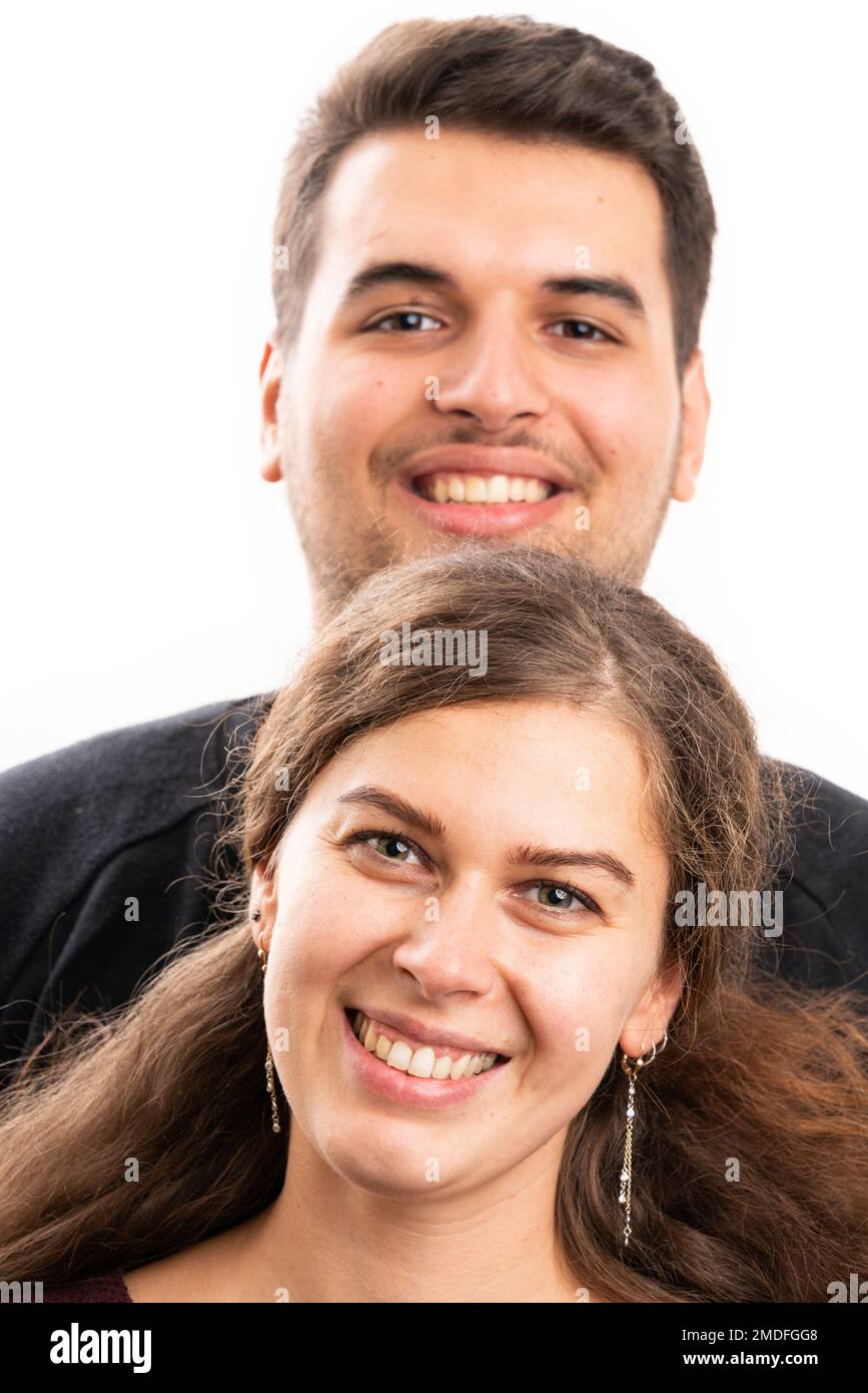 Close-up cute couple portrait of male and female models boyfriend ...