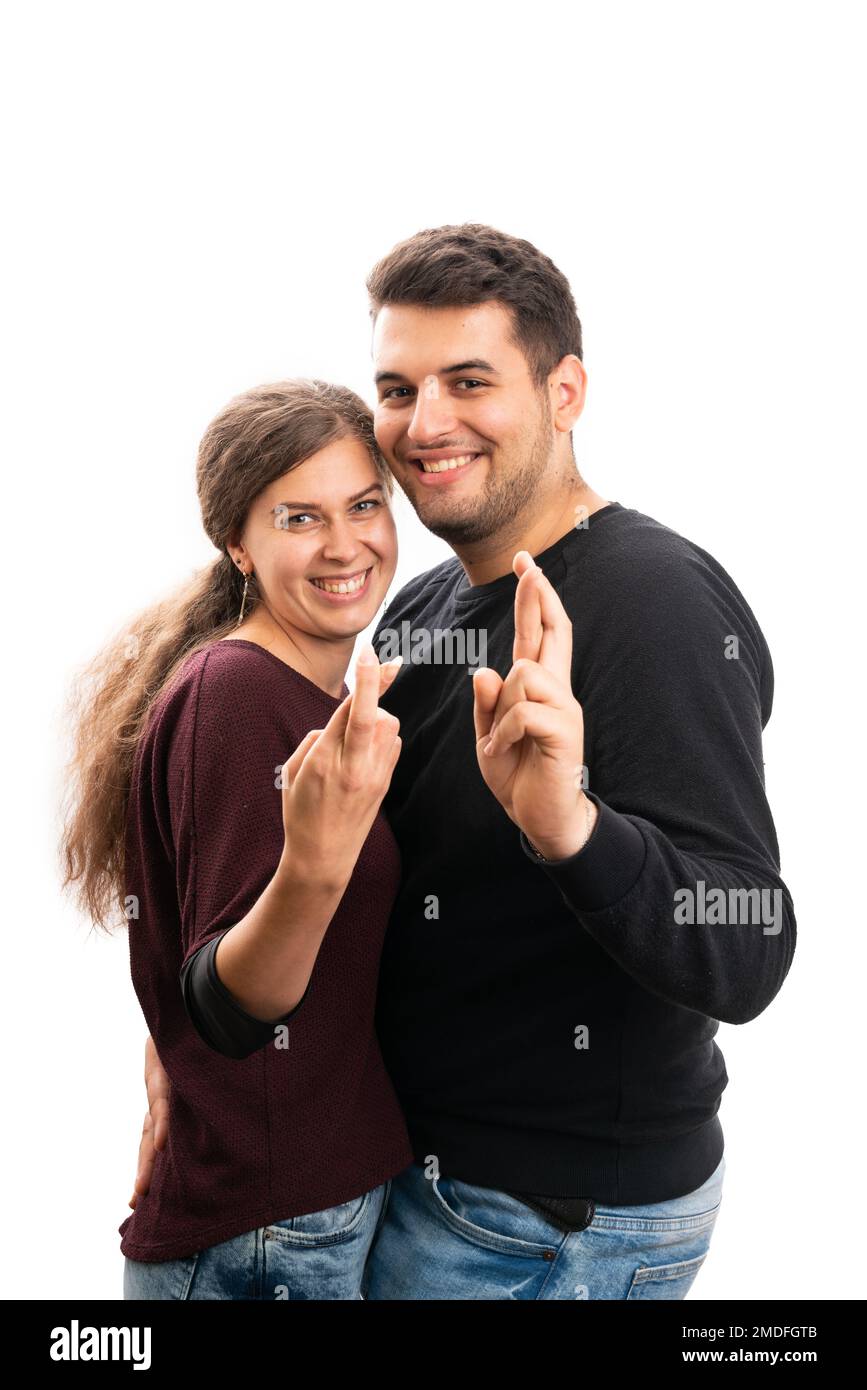 Cute adult man and woman couple wearing casual autumn clothing making ...