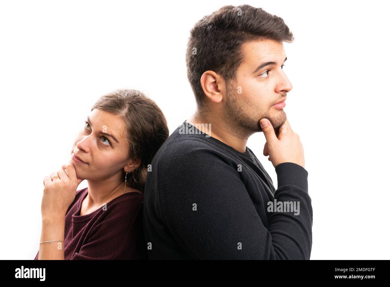 Adult girlfriend and boyfriend cute couple making thinking gesture ...