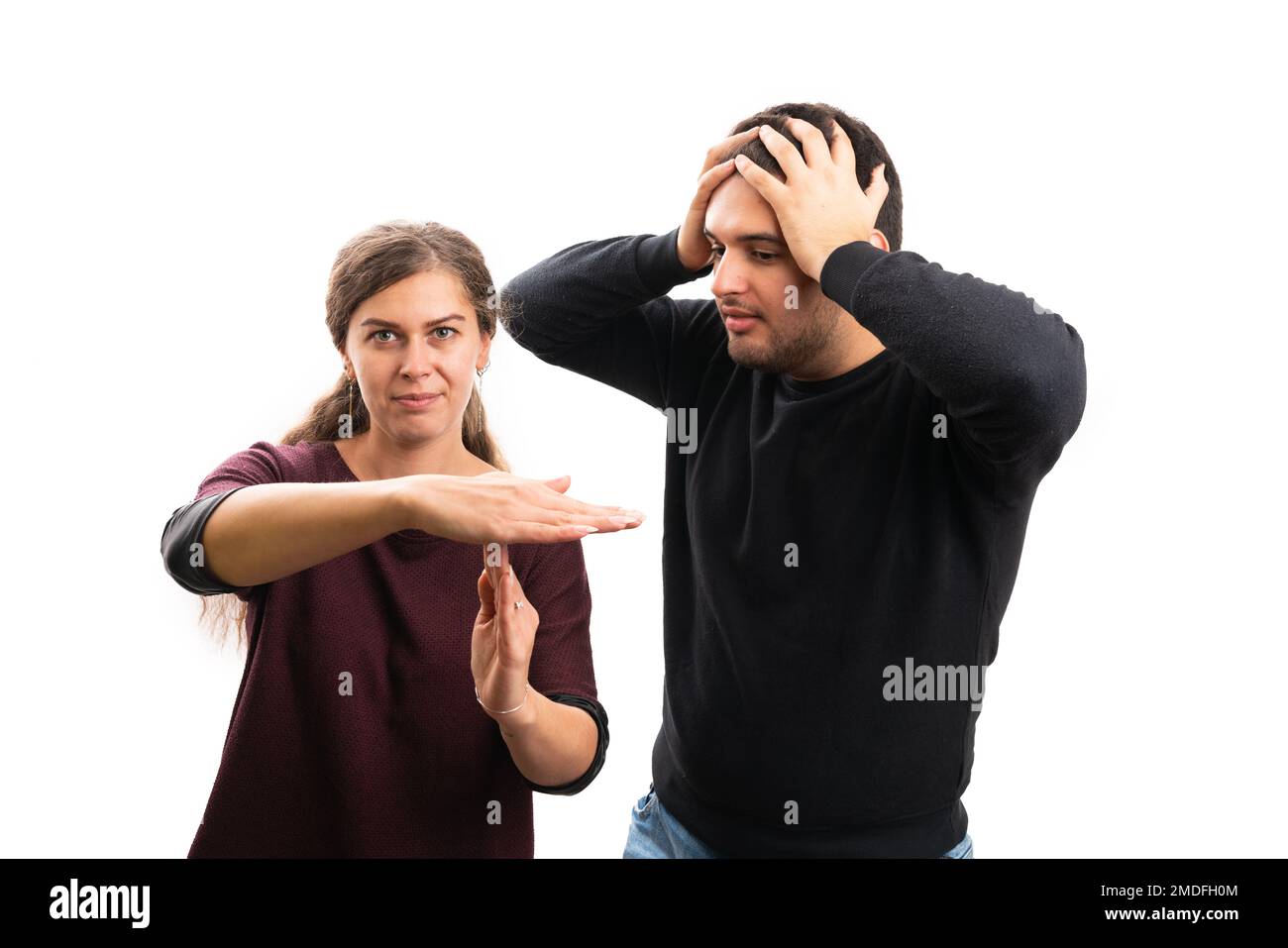 Cute adult woman model girlfriend making time out pause gesture using ...