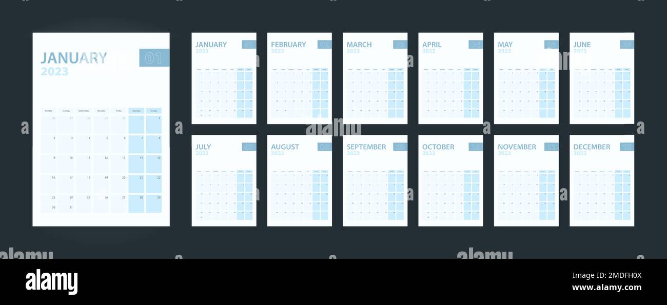 Vertical calendar 2023, set of 12 pages of calendar 2023. Vector ...