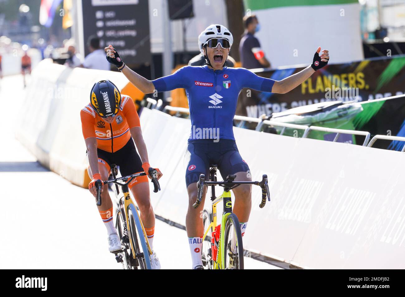 Elisa Balsamo of Italy crosses the finish line ahead of Marianne Vos of ...