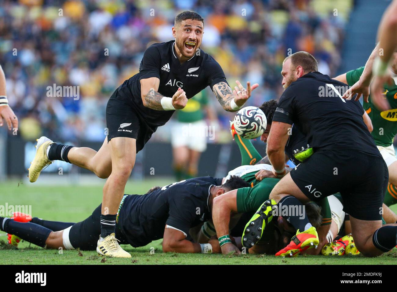 New Zealand's TJ Perenara passes the ball 123during the Rugby ...