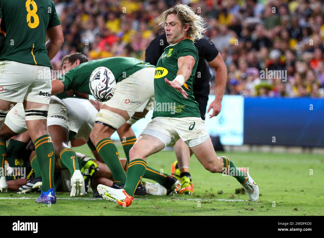 South Africa's Faf de Klerk kicks the ball during the Rugby ...