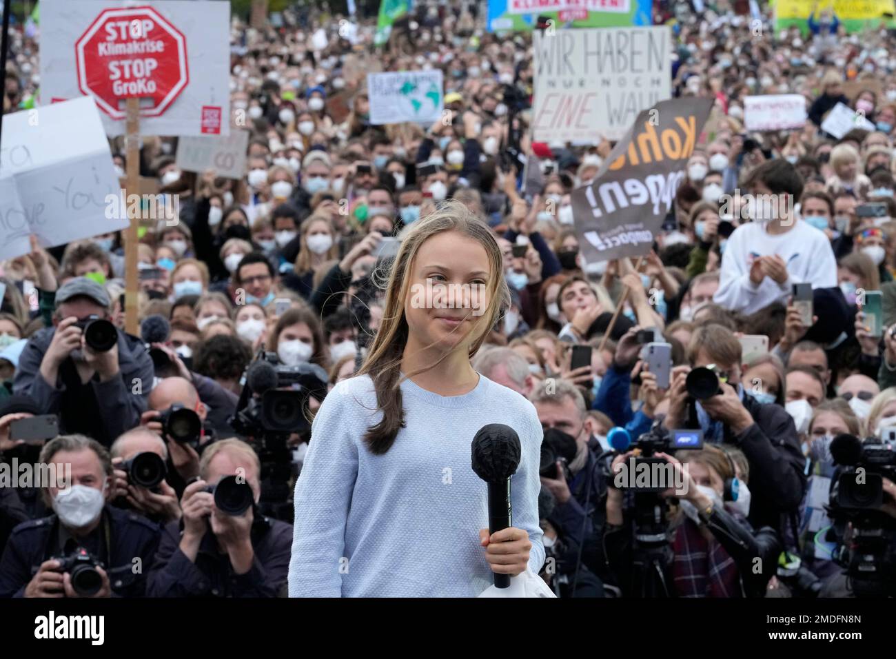 Swedish climate activist Greta Thunberg stands onstage during a Fridays ...