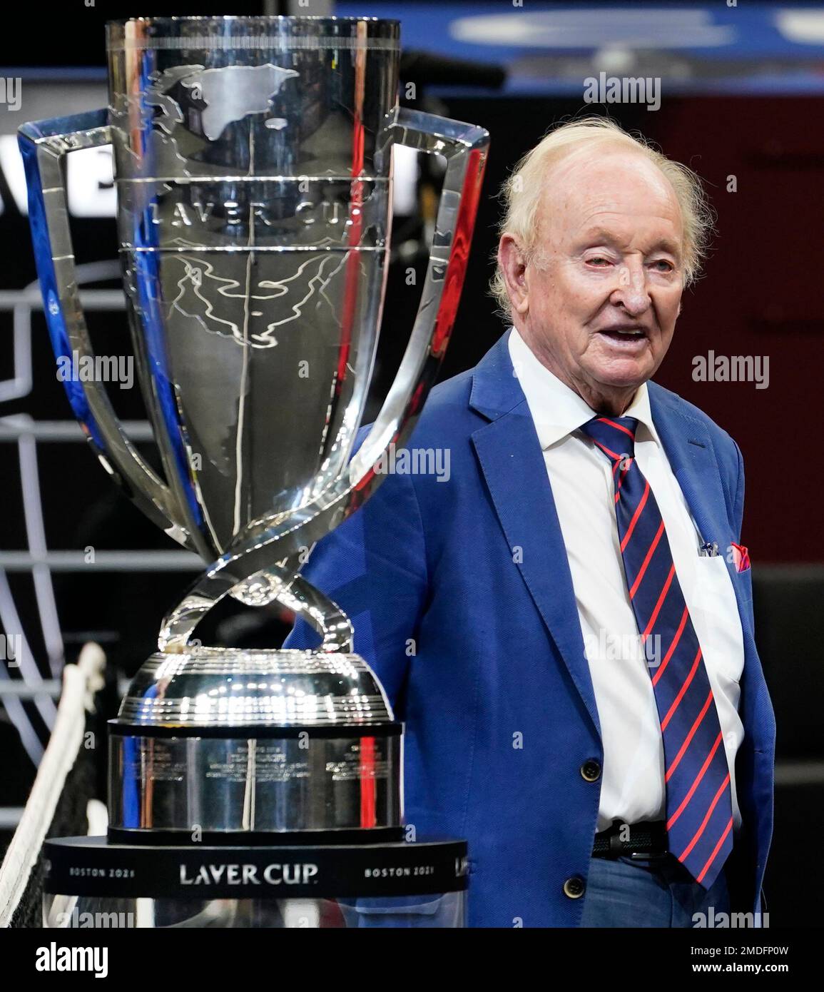 Tennis great Rod Laver stands next to the Laver Cup during opening ...