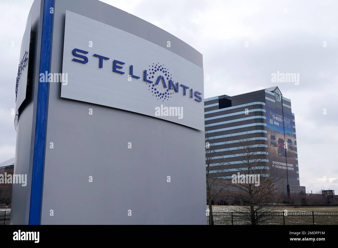FILE - This Jan. 19, 2021 file photo shows the Stellantis sign outside ...