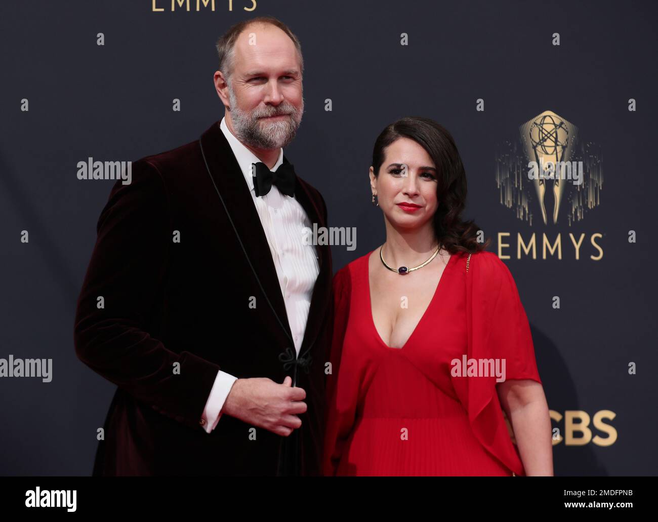 Craig Zobel, left, and Allison Estrin arrive at the 73rd Emmy Awards at ...