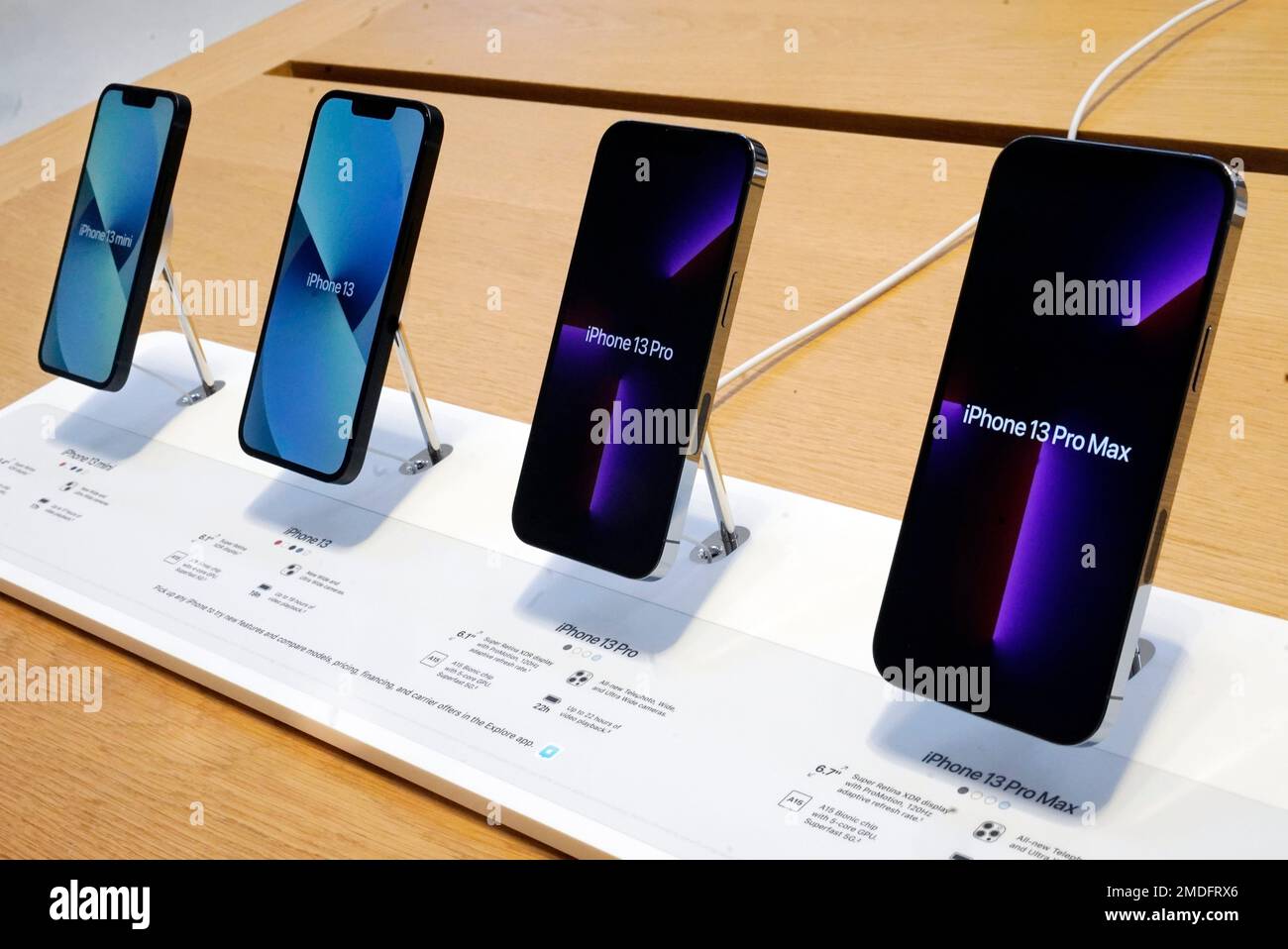 The line-up of the Apple iPhone 13 is displayed on their first day of ...