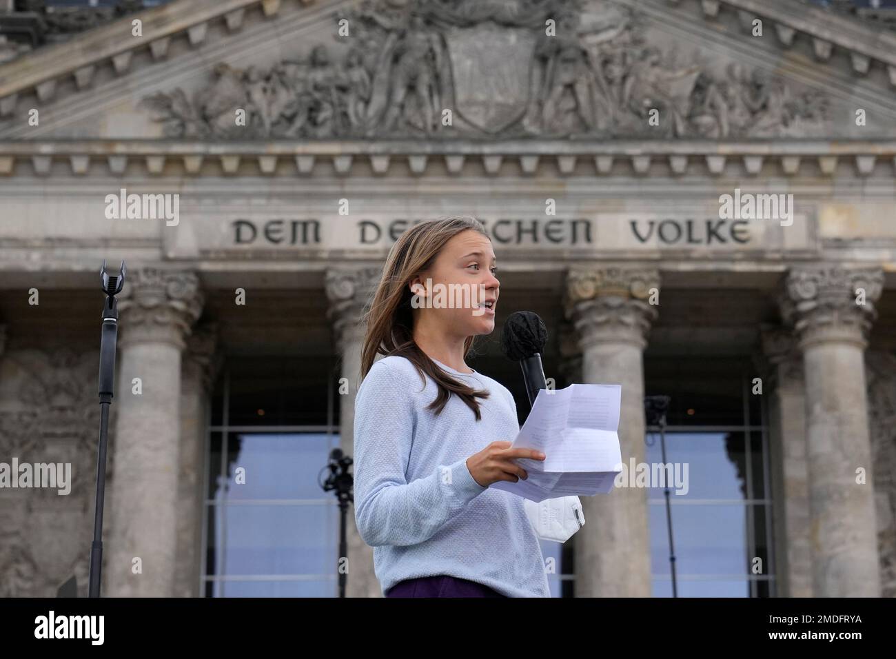 Swedish climate activist Greta Thunberg holds a speech during a Fridays ...