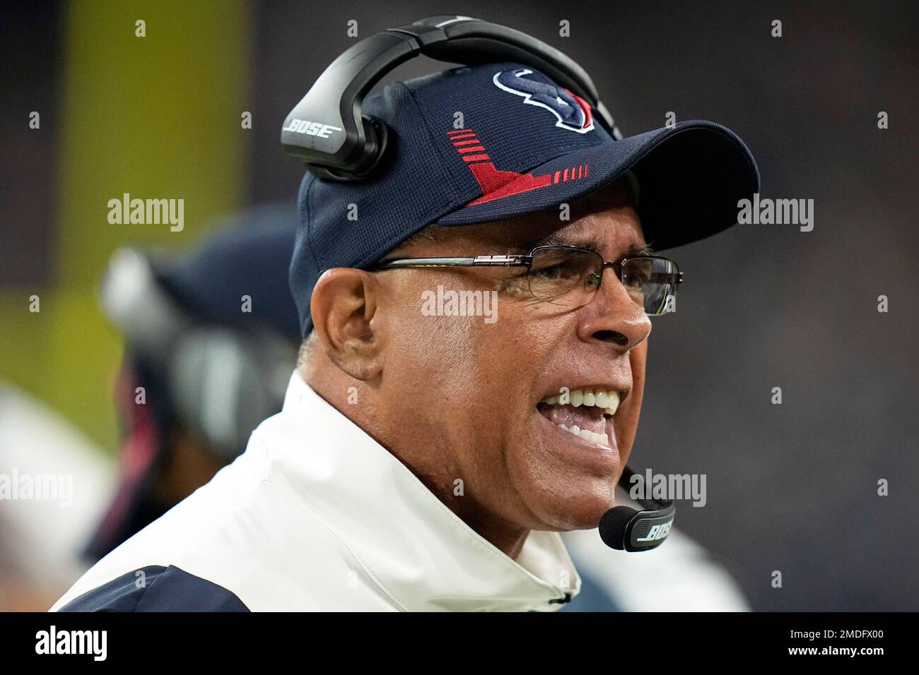 Houston Texans head coach David Culley yells from the sidelines during ...