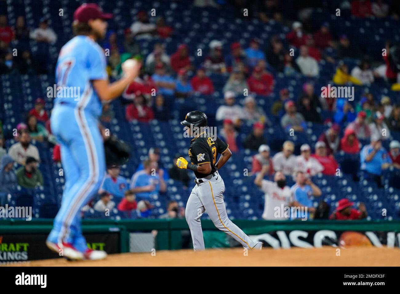 Pittsburgh Pirates' Ke'Bryan Hayes, right, rounds the bases after ...