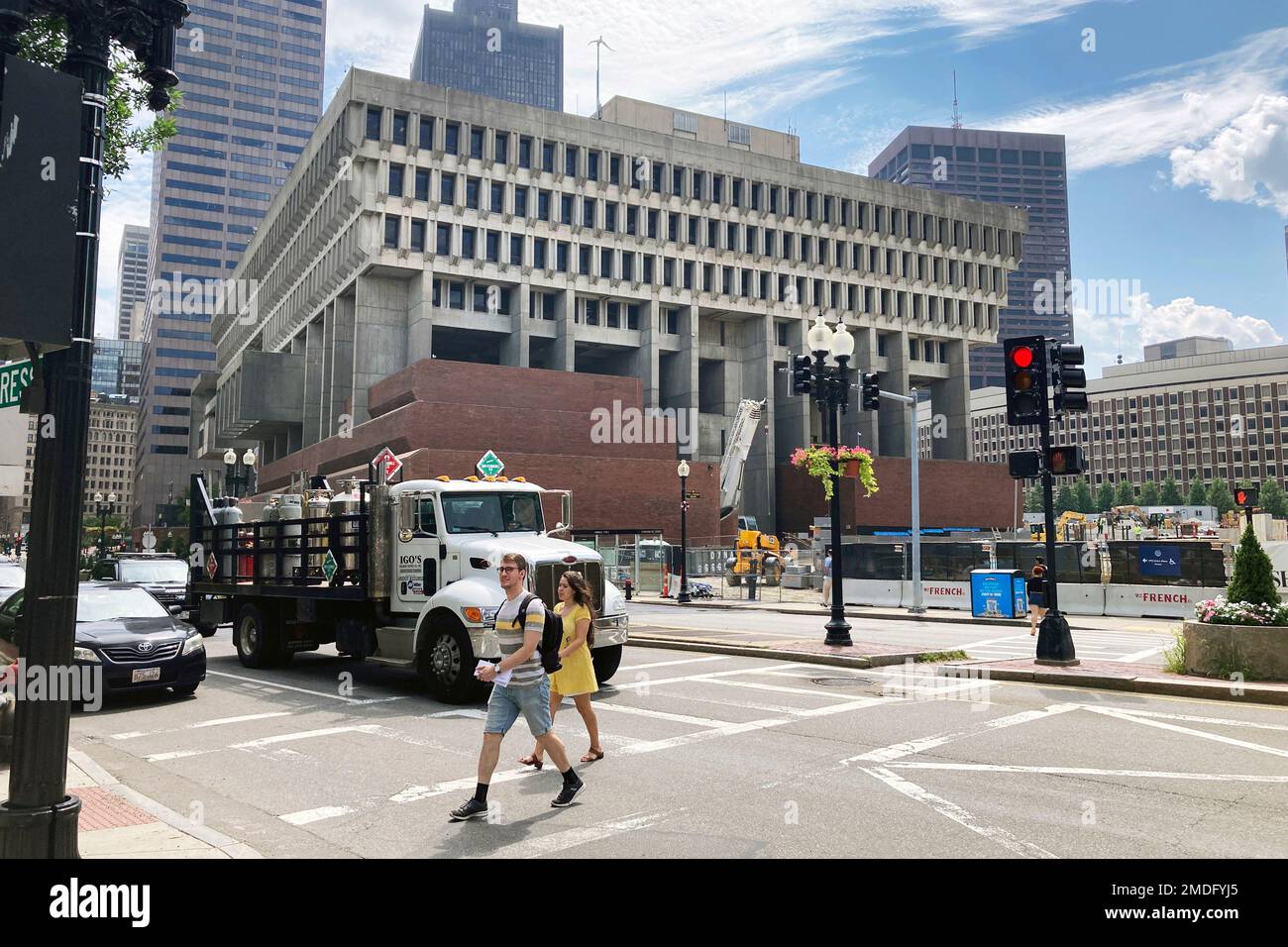 Boston City Hall, built in the Brutalist architectural style, is seen ...