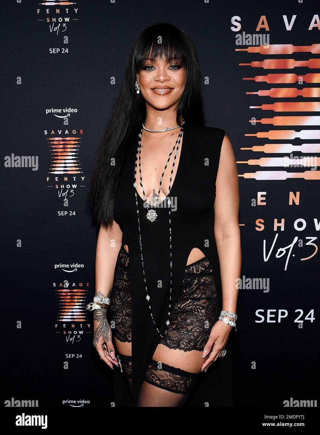 Rihanna attends her Savage X Fenty Show Vol. 3 premiere at The Glasshouse on Wednesday, Sept. 22 ...