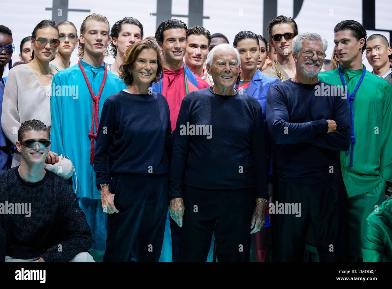 Silvana Armani from centre left, Giorgio Armani and Leo Dell'Orco stand with models after the ...