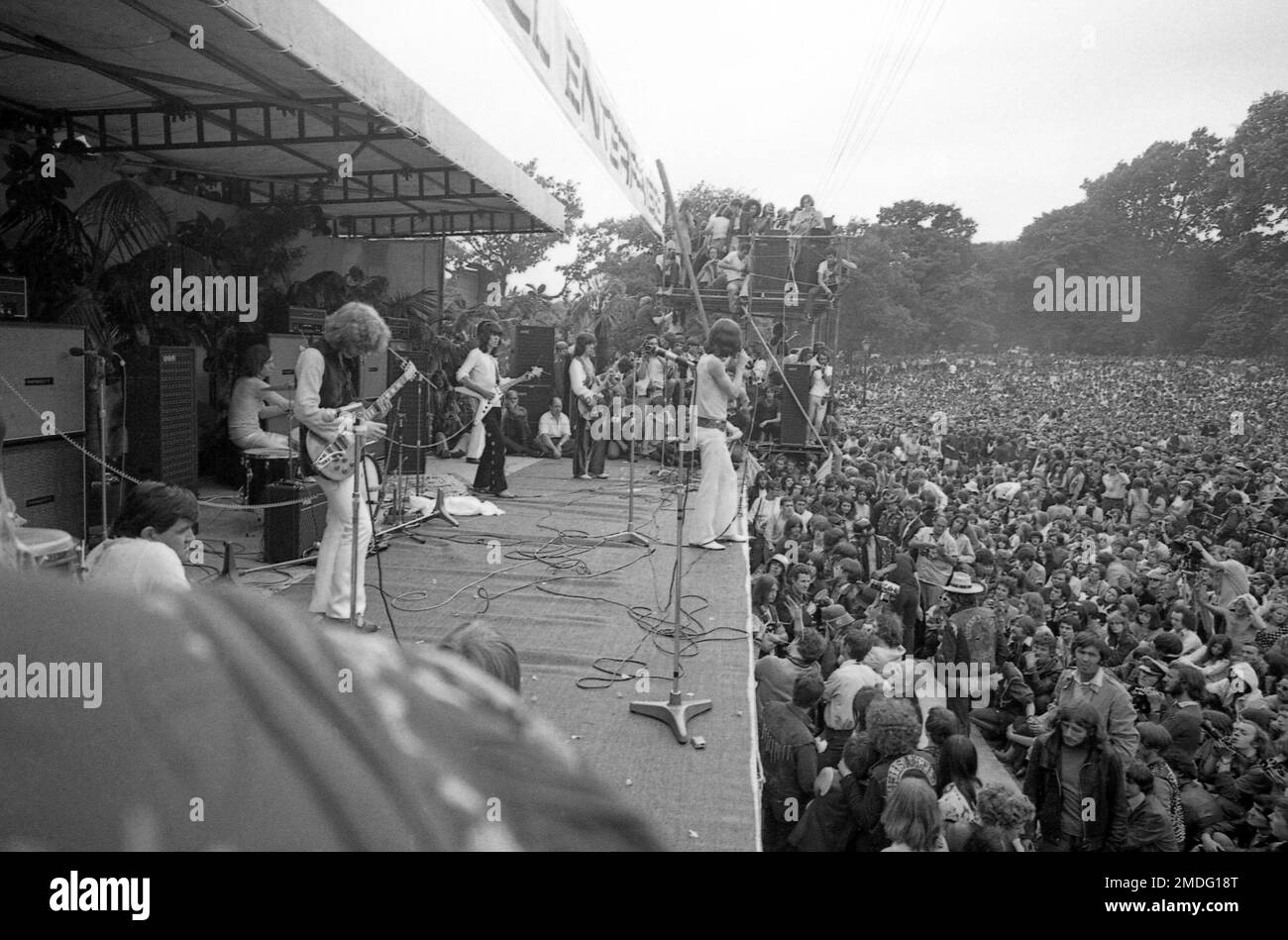 The Rolling Stones, with singer Mick Jagger at the front of the stage ...