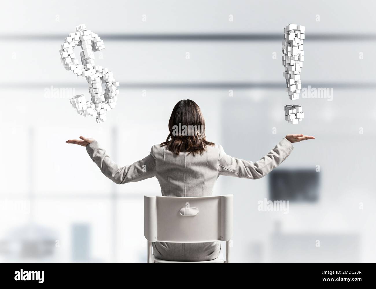 Woman showing balance gesture with dollar Stock Photo - Alamy