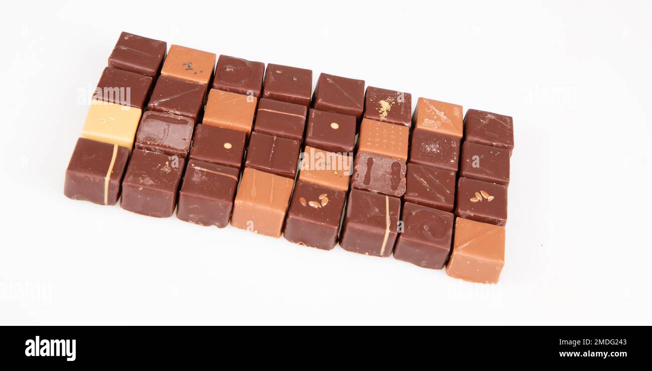 Assortment of variety fine brown artisanal chocolate pralines candies ...