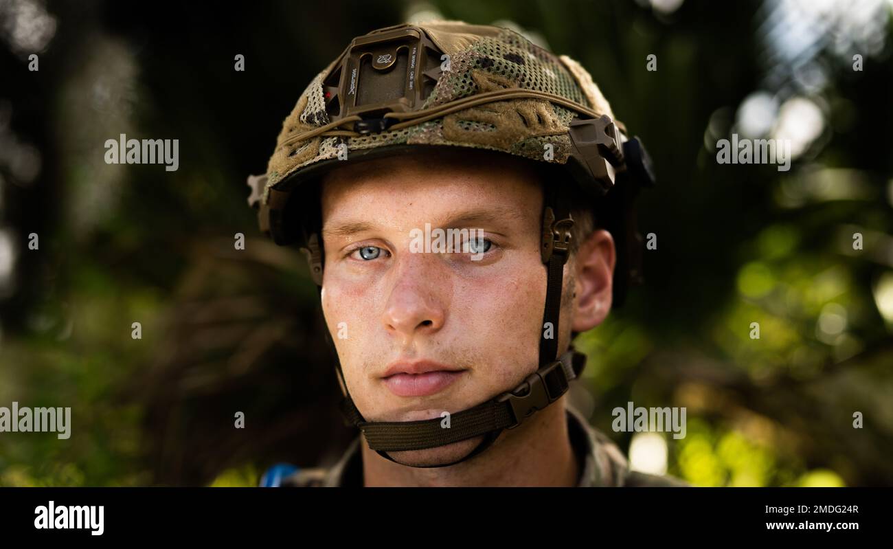 Senior Airman Kaleb Karr, 822nd Base Defense Squadron member, poses for a portrait while manning ...
