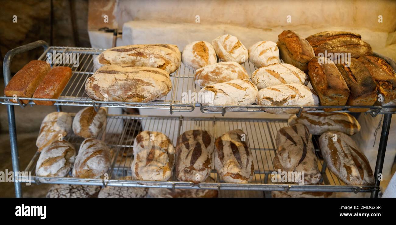 breads french loaves on shelves in shop Baked goods whole grain artisan bread Stock Photo - Alamy