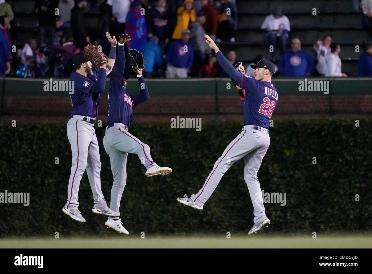 The Minnesota Twins outfielders from left, Jake Cave, Nick Gordon, and ...