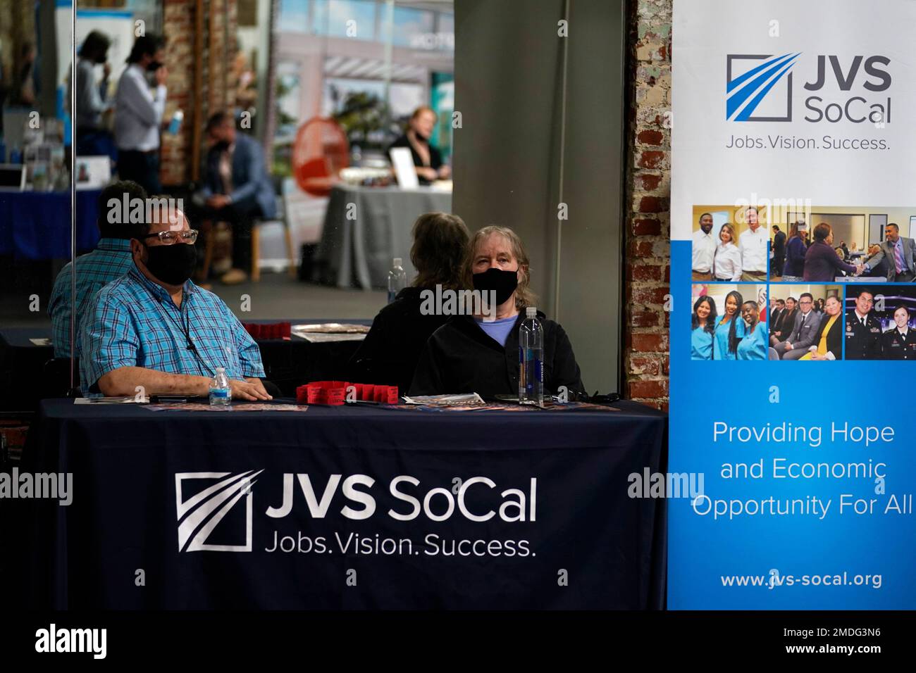 A booth is set up for prospective employees during a job fair Wednesday ...