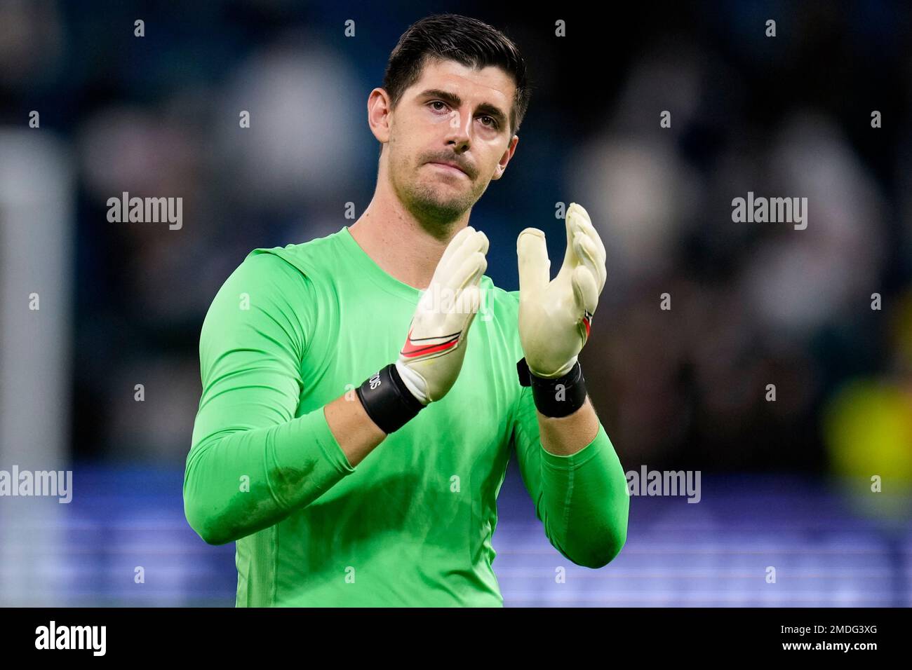 Real Madrid's goalkeeper Thibaut Courtois waves to fans following the ...