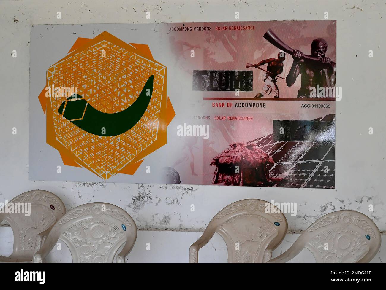 A painting of the official proposed currency named the "LUMI" adorns a ...