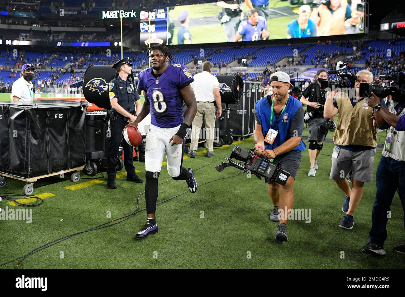 Baltimore Ravens quarterback Lamar Jackson (8) reacts after an NFL ...