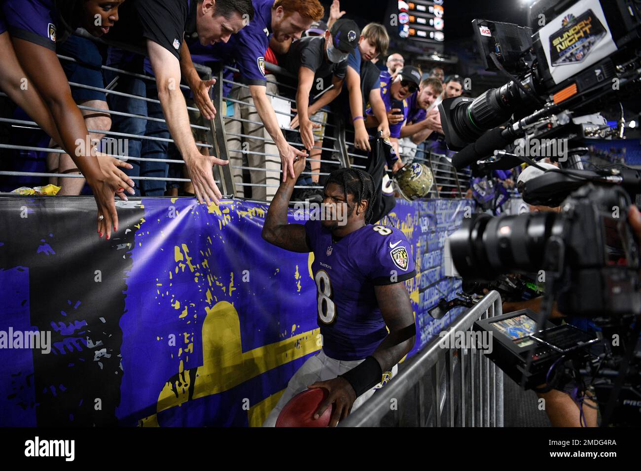 Baltimore Ravens quarterback Lamar Jackson (8) reacts after an NFL ...